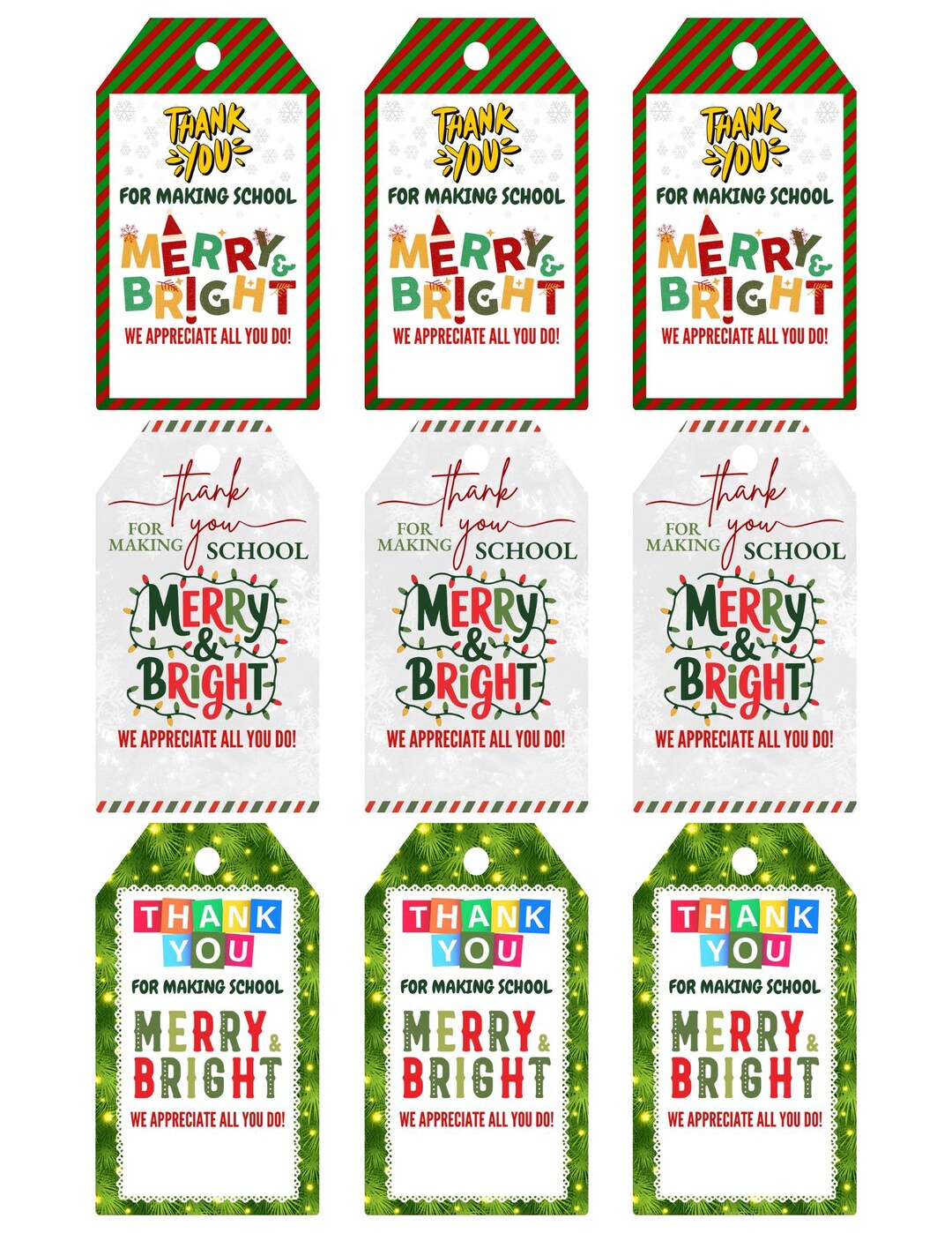 Teacher Appreciation Holiday Gift Tags Merry & Bright Printable Tags ...