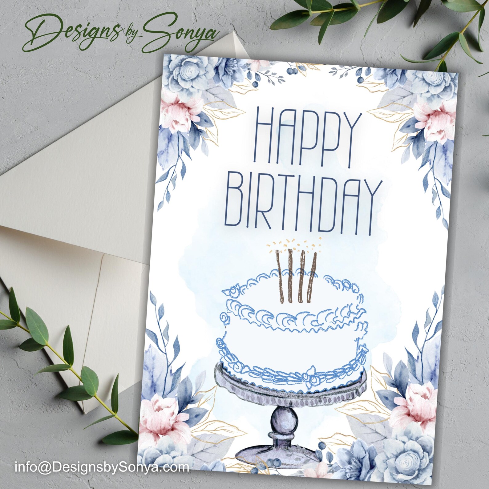 Blue Floral Birthday Card 5x7 | Printable Birthday Card | Watercolor ...