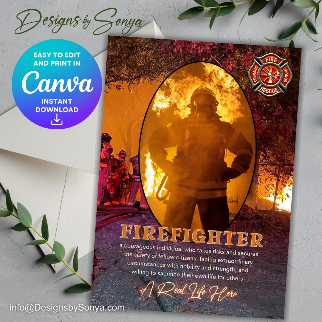 Editable Firefighter Thank You Card – Printable A7 Canva Template, Hero ...