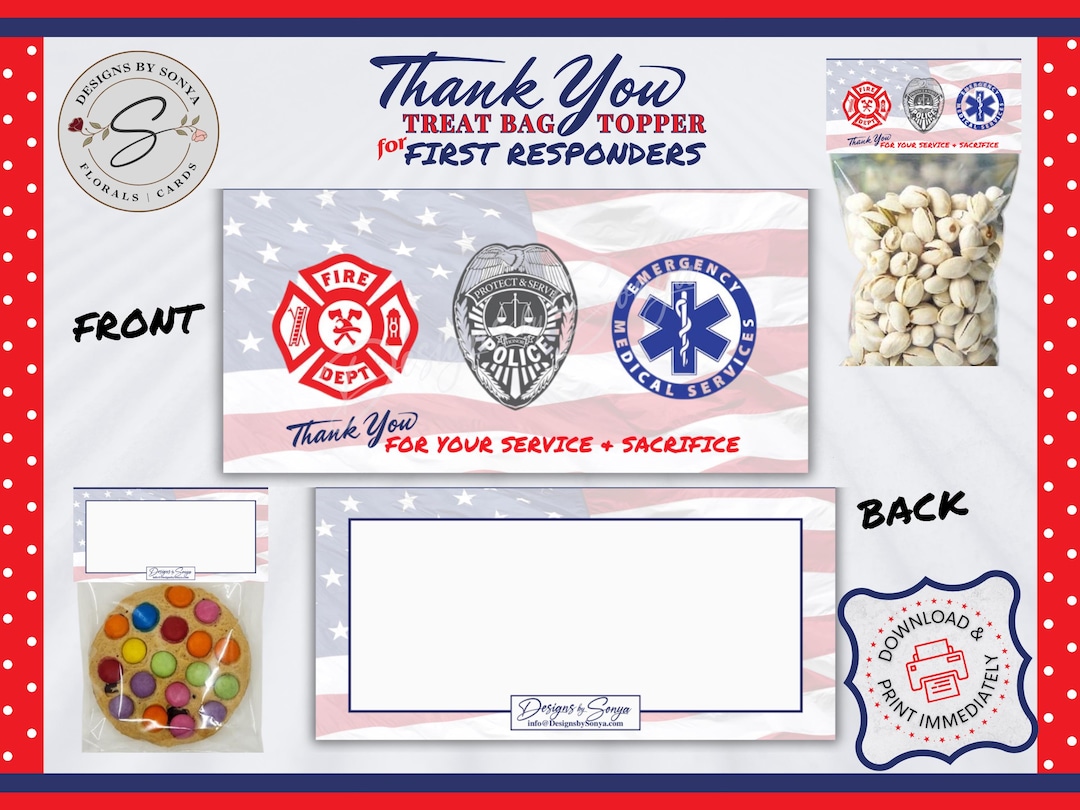 First Responders Thank You Treat Bag Topper | Printable 4"x4" Digital ...