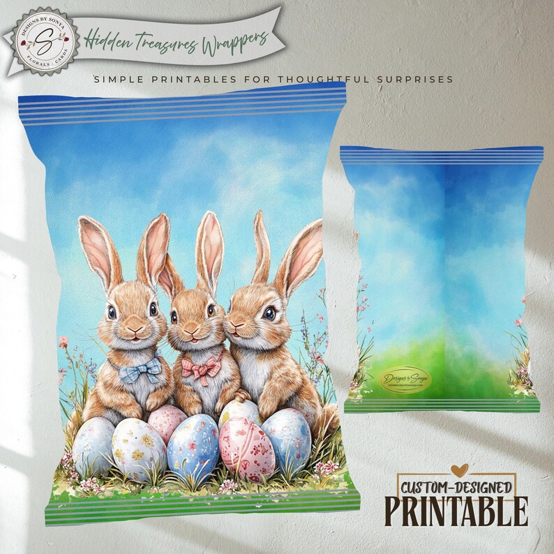 Easter Bunny Chip Bag Wrapper Printable, Rabbit Watercolor DIY Basket ...