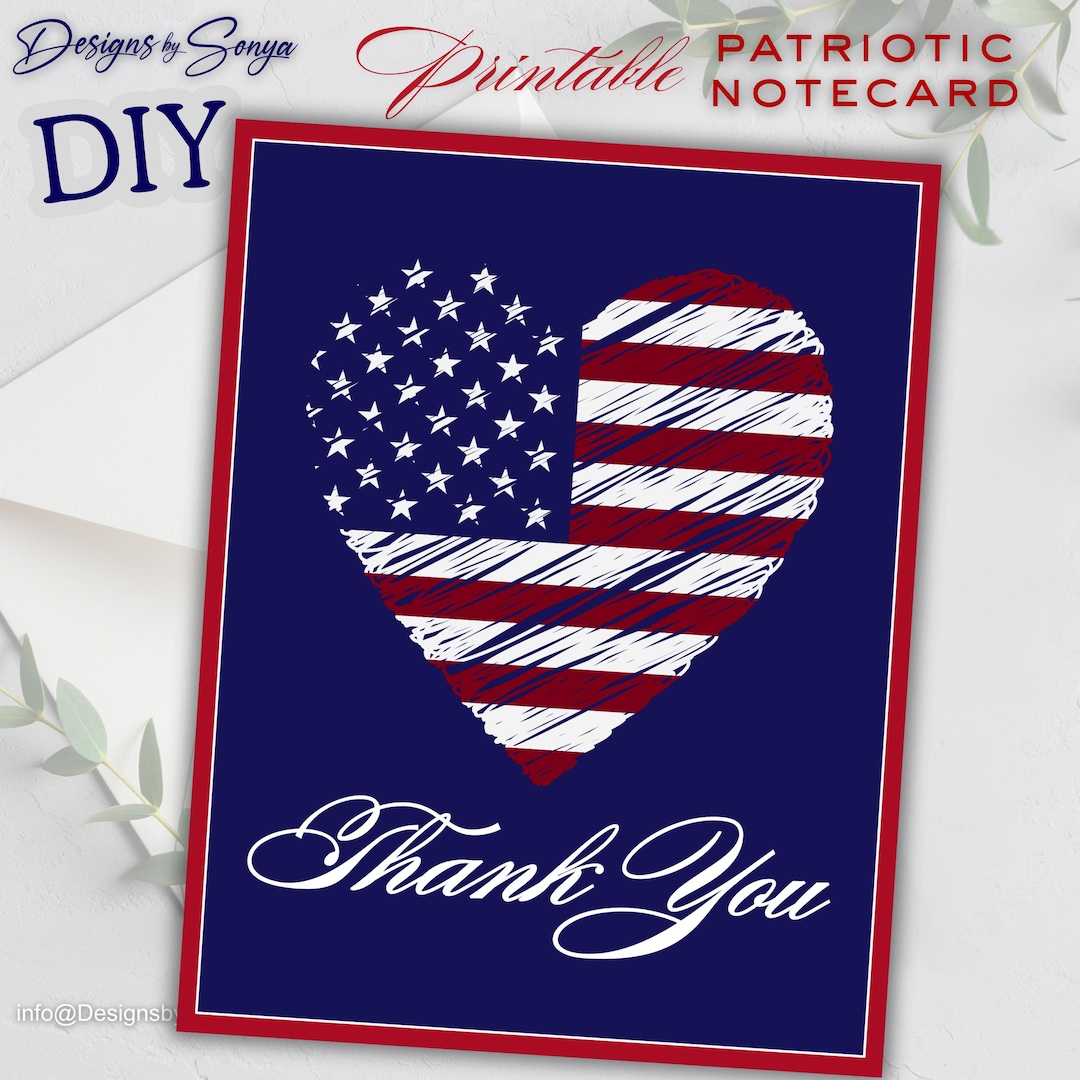 Printable Patriotic Thank You Card | A2 4.25"x5.5" Notecard | Heart ...