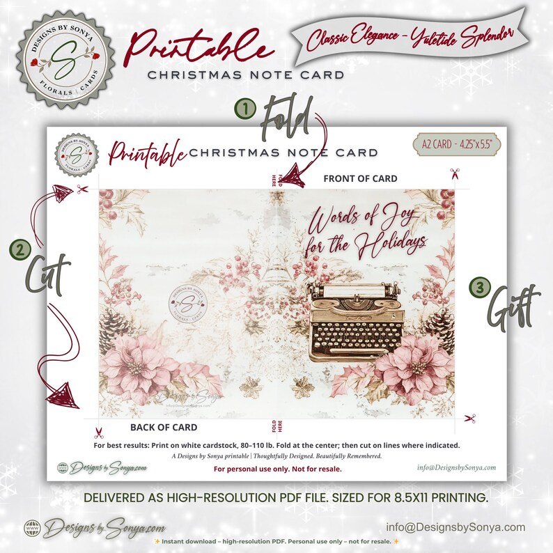 Printable Christmas Card, Vintage Typewriter Holiday Note Card, A2 (4. ...