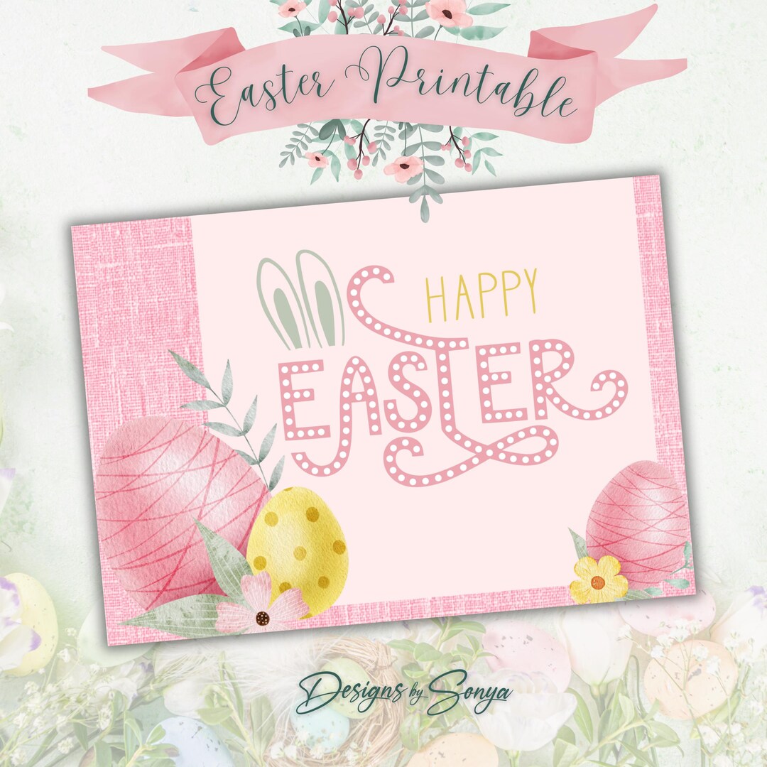 Happy Easter Printable – 5x7 Folded Greeting, Playful Pink Lettering ...