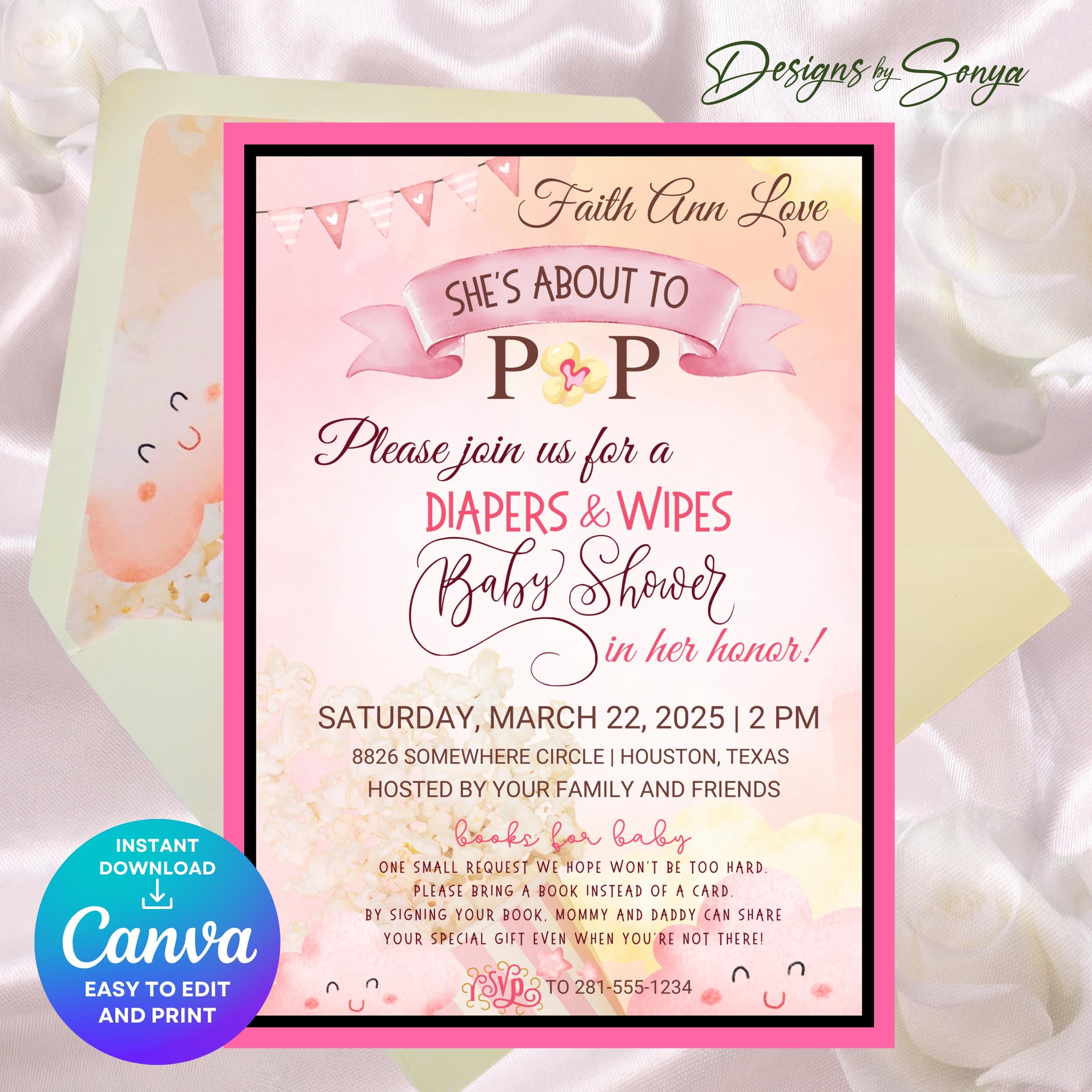She’s About to POP! Diapers & Wipes Baby Shower Invitation | Pink ...
