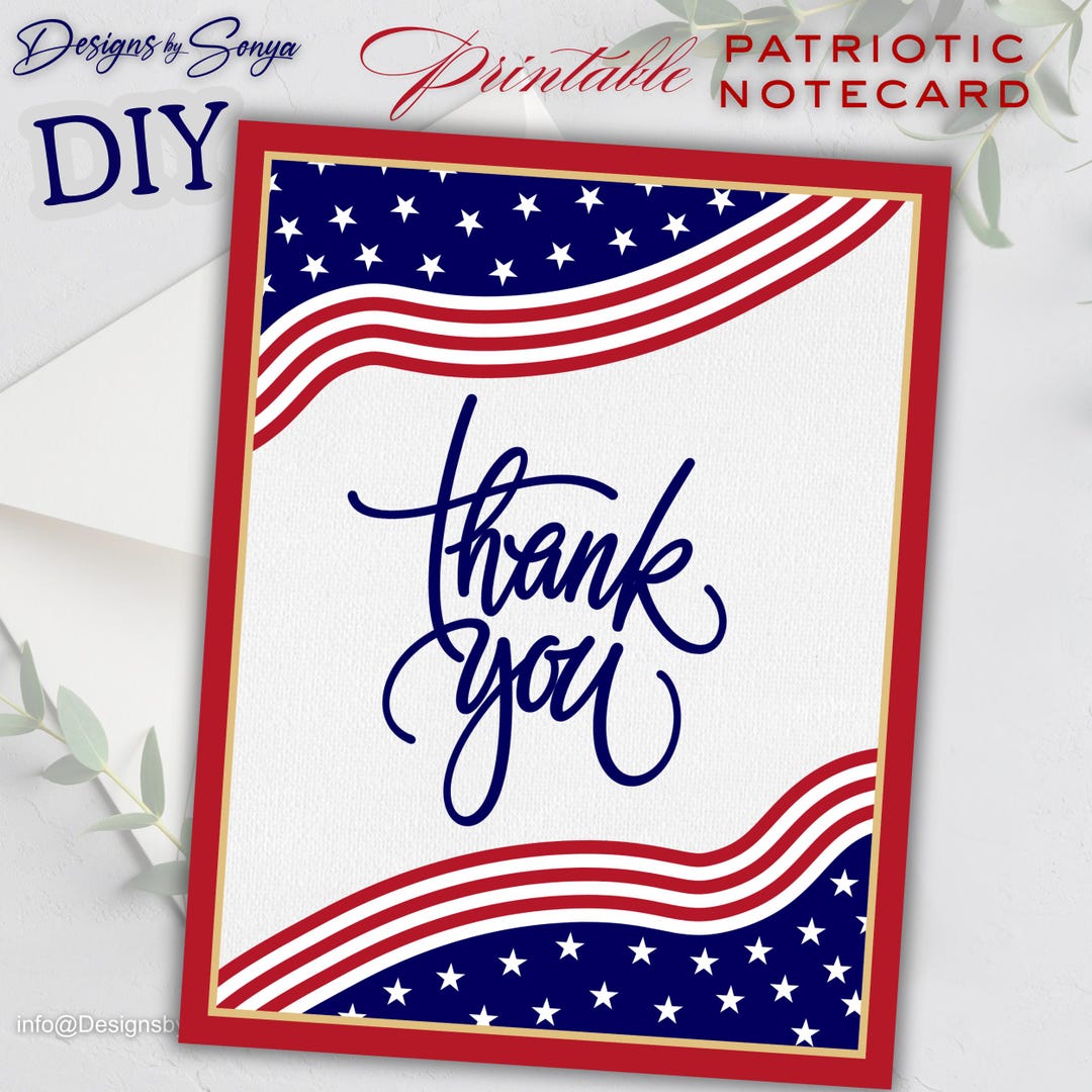 Printable Patriotic Thank You Card | A2 Notecard 4.25"x5.5" | Red White ...