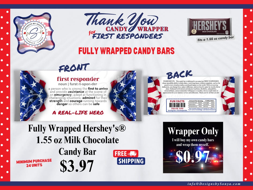 First Responder Appreciation Candy Bar Fully Wrapped Hershey's Milk ...