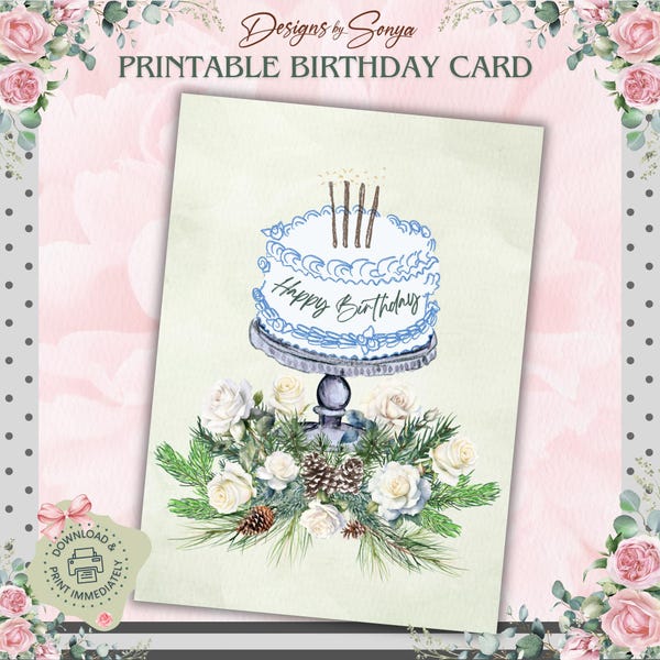 Blue Floral Birthday Card 5x7 Printable Birthday Card Watercolor Cake ...
