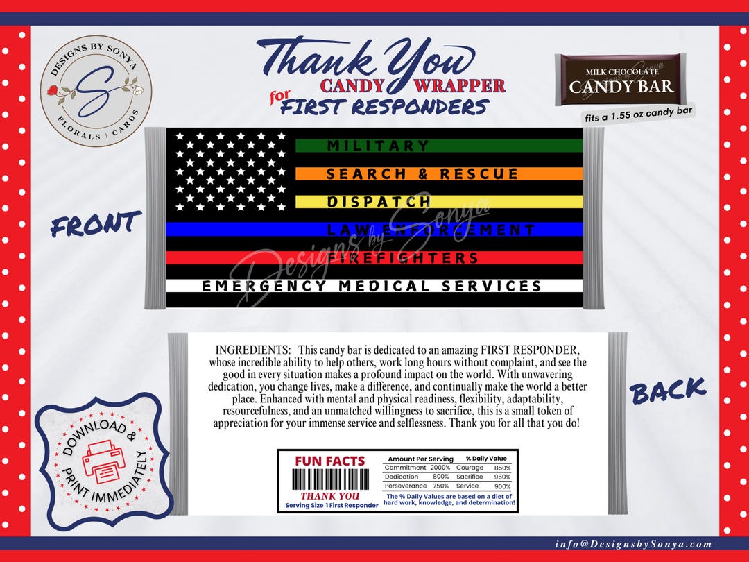 First Responders Candy Bar Wrapper Printable Thank You Gift for Heroes ...