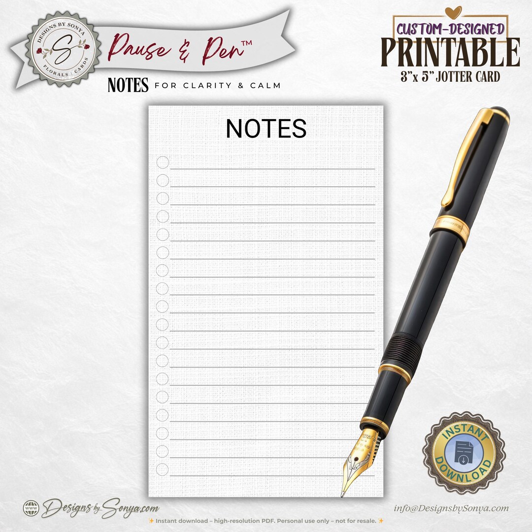 3x5 Jotter Note Card Printable – Minimal Notes and Checklist for Daily ...