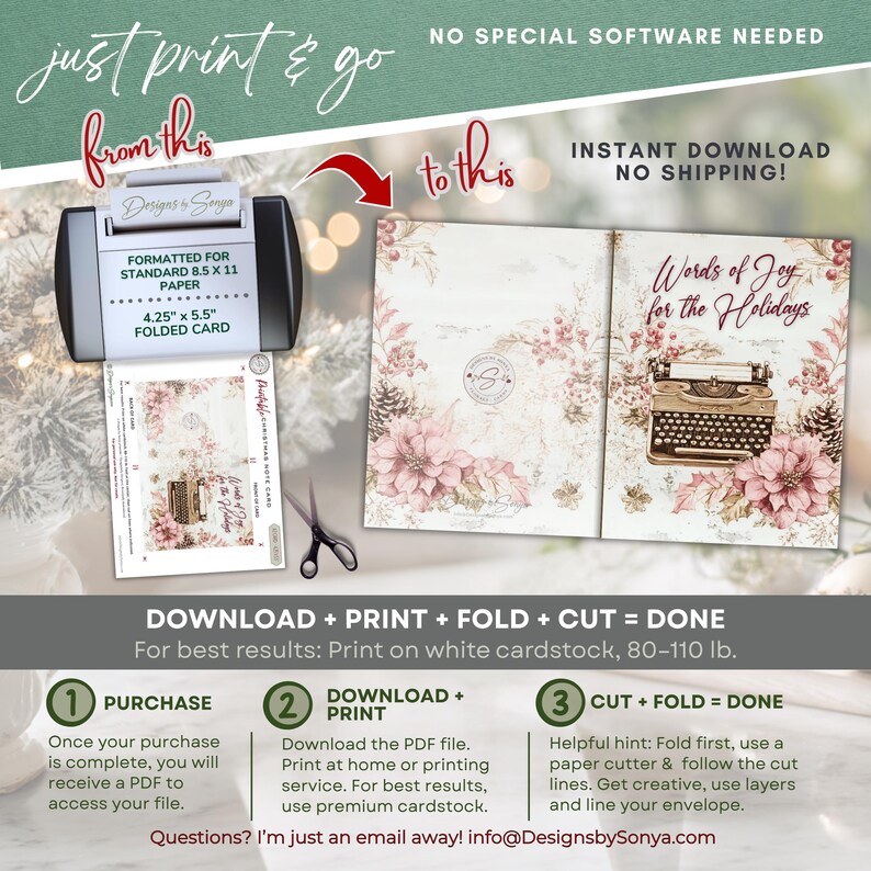 Printable Christmas Card, Vintage Typewriter Holiday Note Card, A2 (4. ...