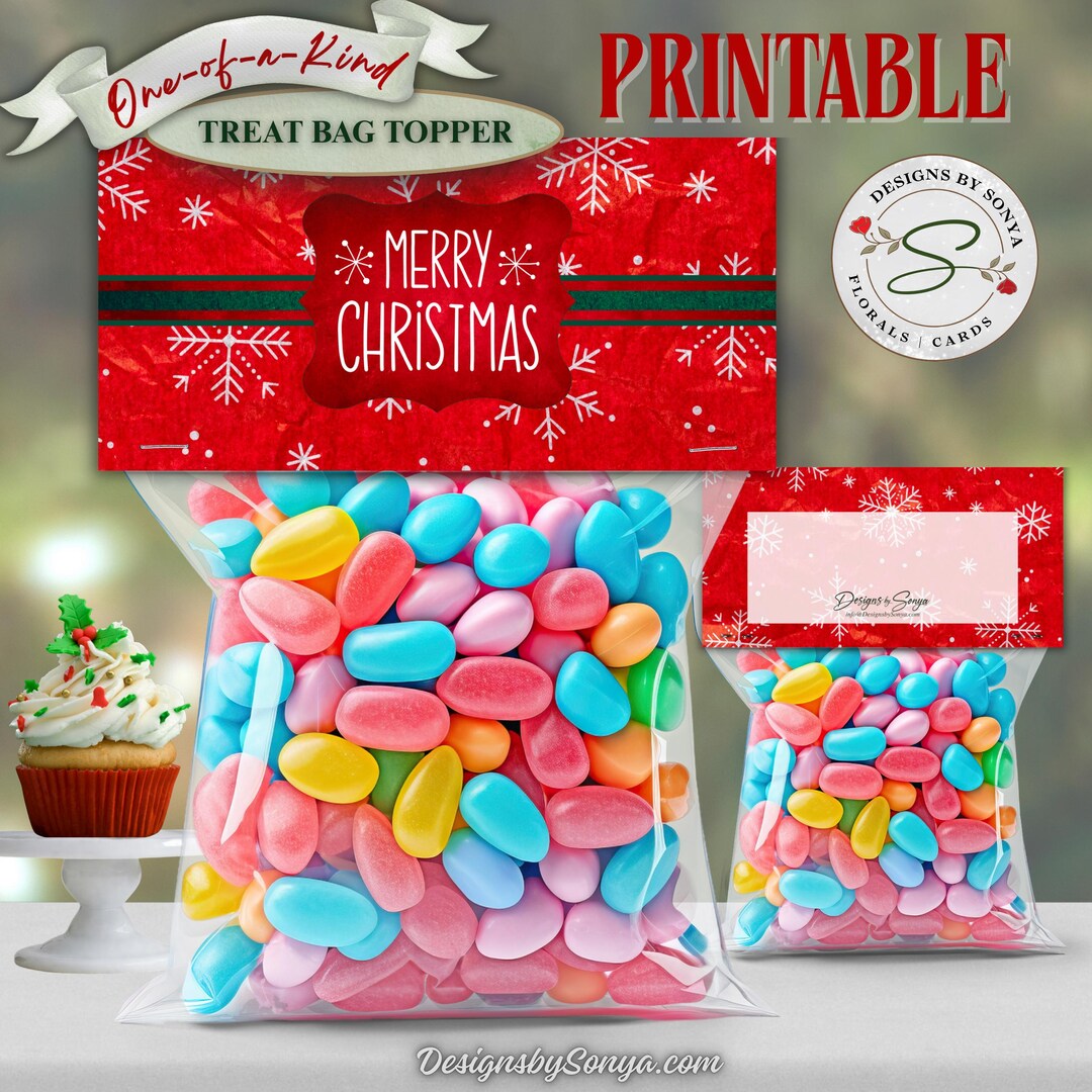 Printable Christmas Treat Bag Topper 4x2 Red Snowflakes With “merry ...