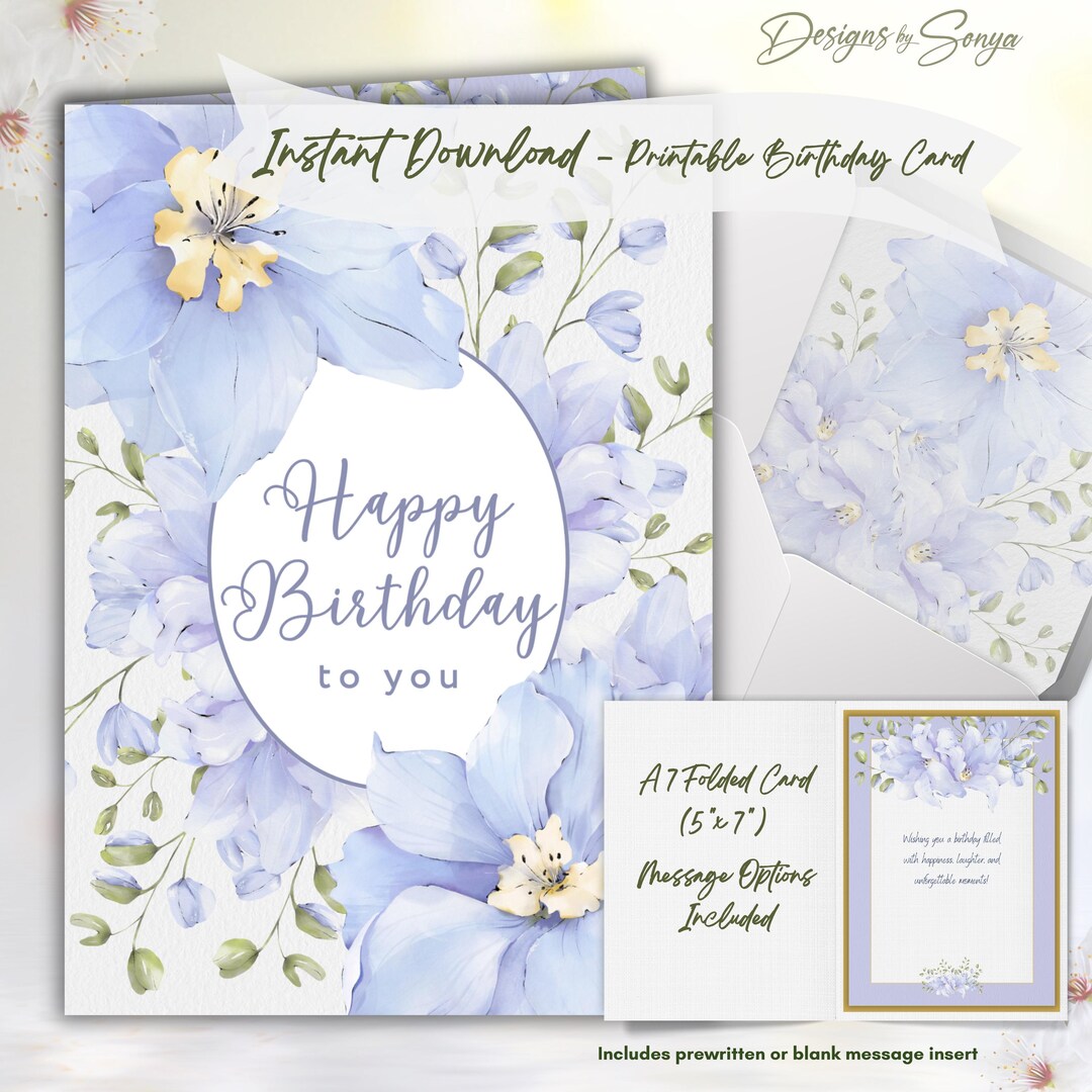 Printable Birthday Card Blue Floral A7 5x7 | Instant Download Greeting ...