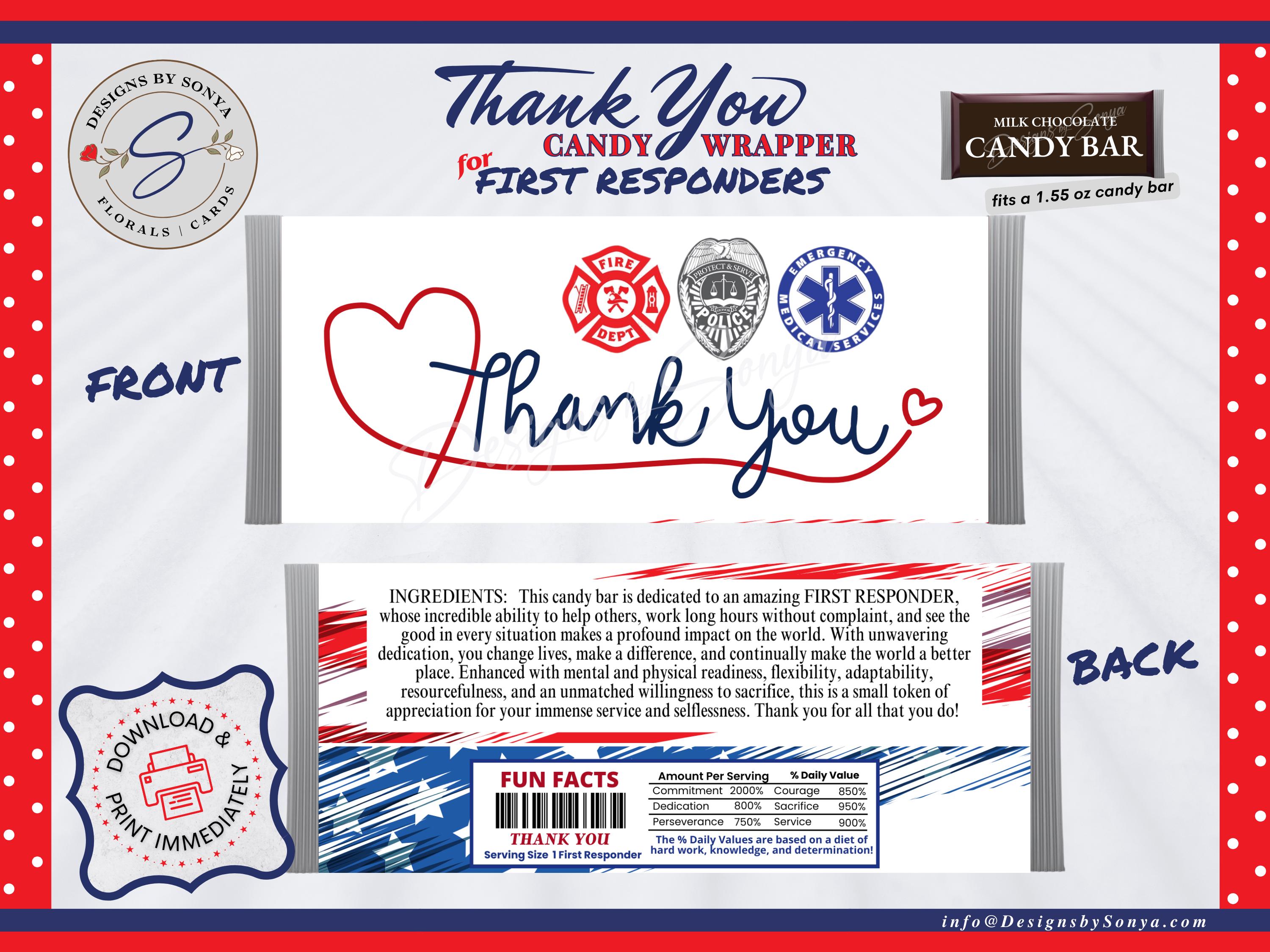 Thank You First Responder Candy Bar Wrapper – Printable Appreciation ...