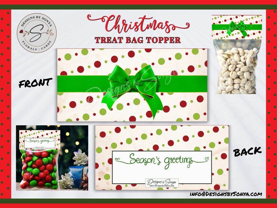 Christmas Treat Bag Topper Printable Digital Download Green Bow & Polka ...
