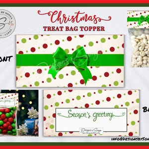 Christmas Treat Bag Topper Printable Digital Download Green Bow & Polka ...