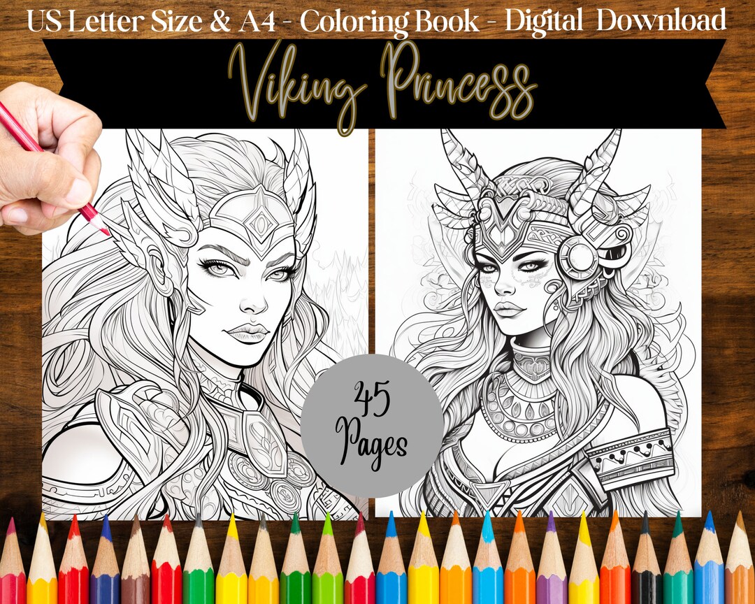 Viking Princess kleurboek, kleurplaten, grijswaardenkleuren, direct ...