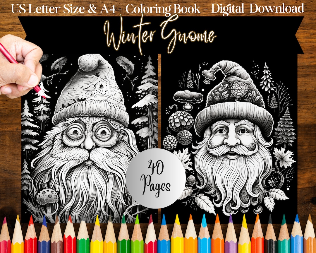 Winter Gnome Coloring Book, Coloring Pages, Grayscale Coloring, Black ...