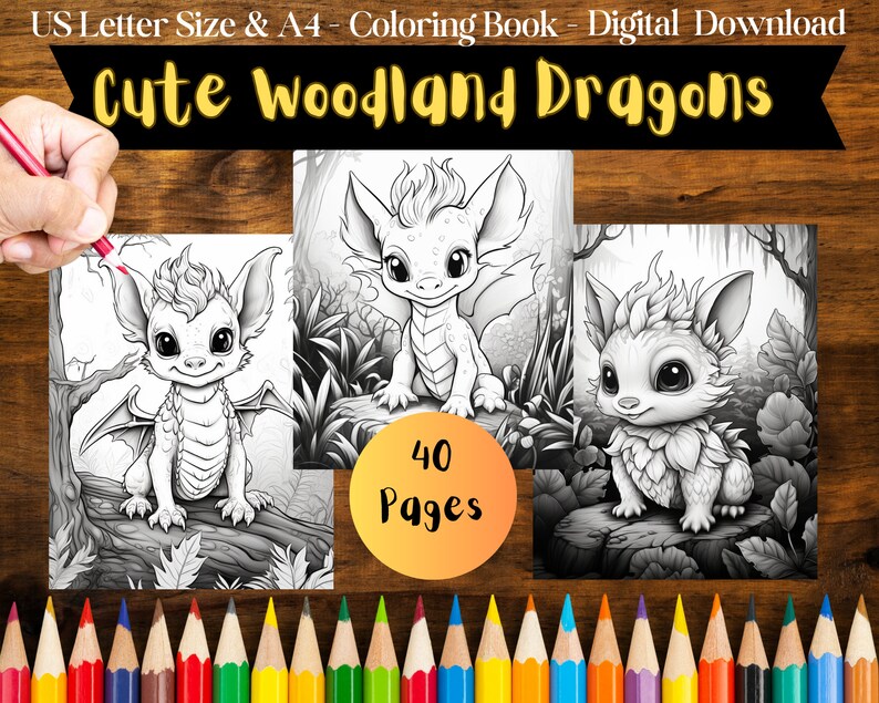 Cute Woodland Dragons Coloring Book, Coloring Pages, Grayscale Coloring ...