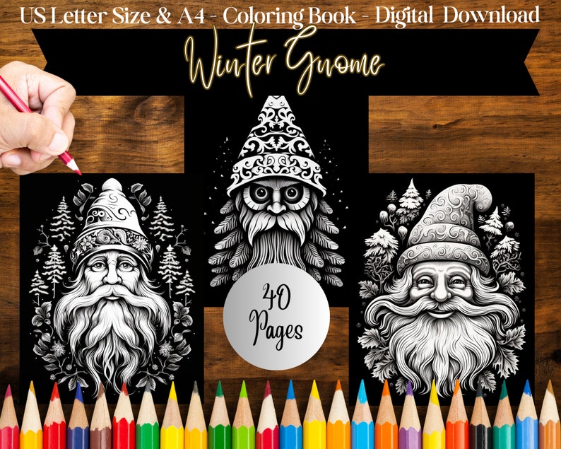 Winter Gnome Coloring Book, Coloring Pages, Grayscale Coloring, Black ...