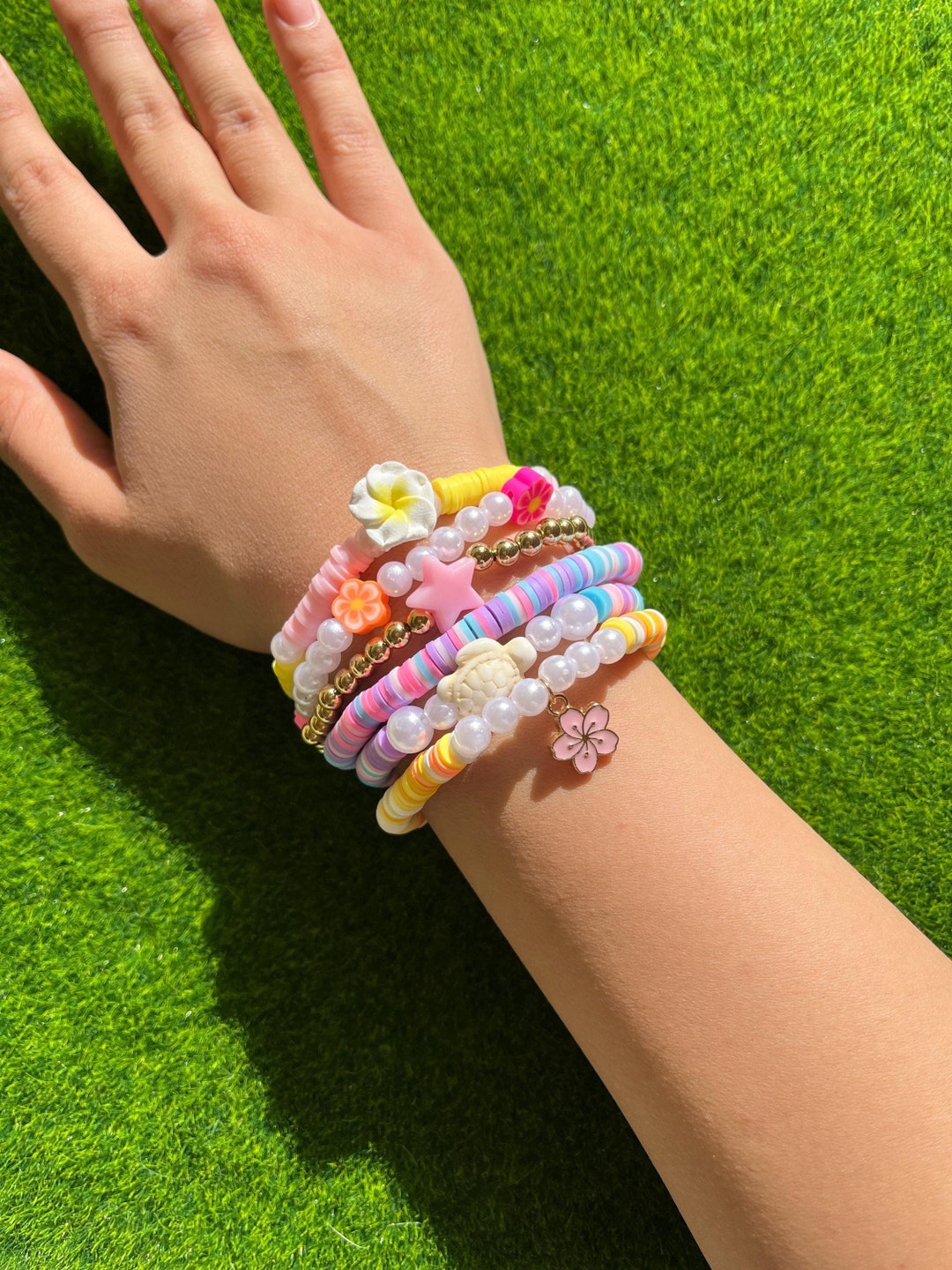 NEW Yellow Hibiscus Bracelet Stack Colorful Beaded Bracelet Stack ...