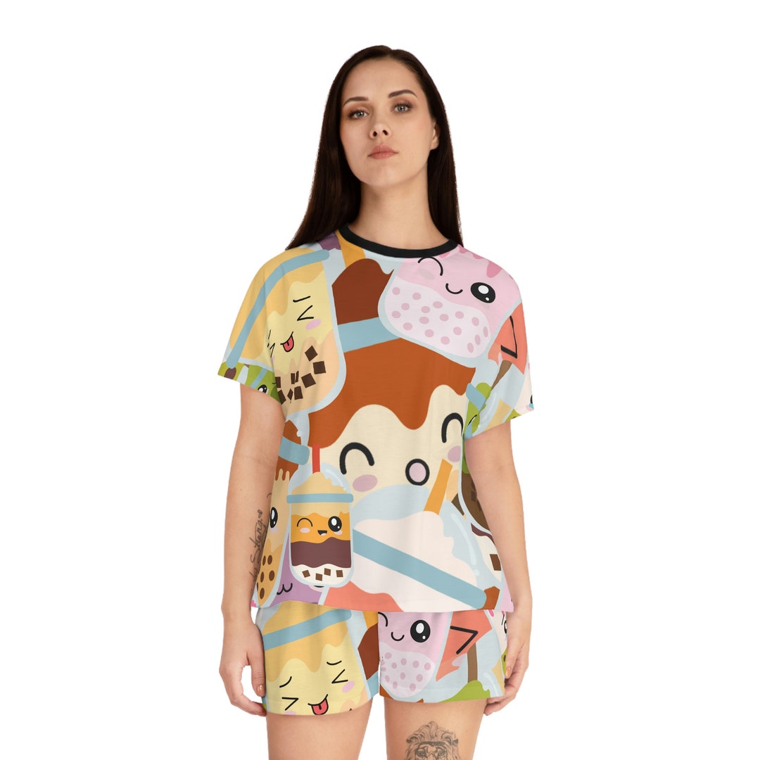 Kawaii Bubble Tea Women's Short Pajama Set Gift for Young Adult Chibi ...