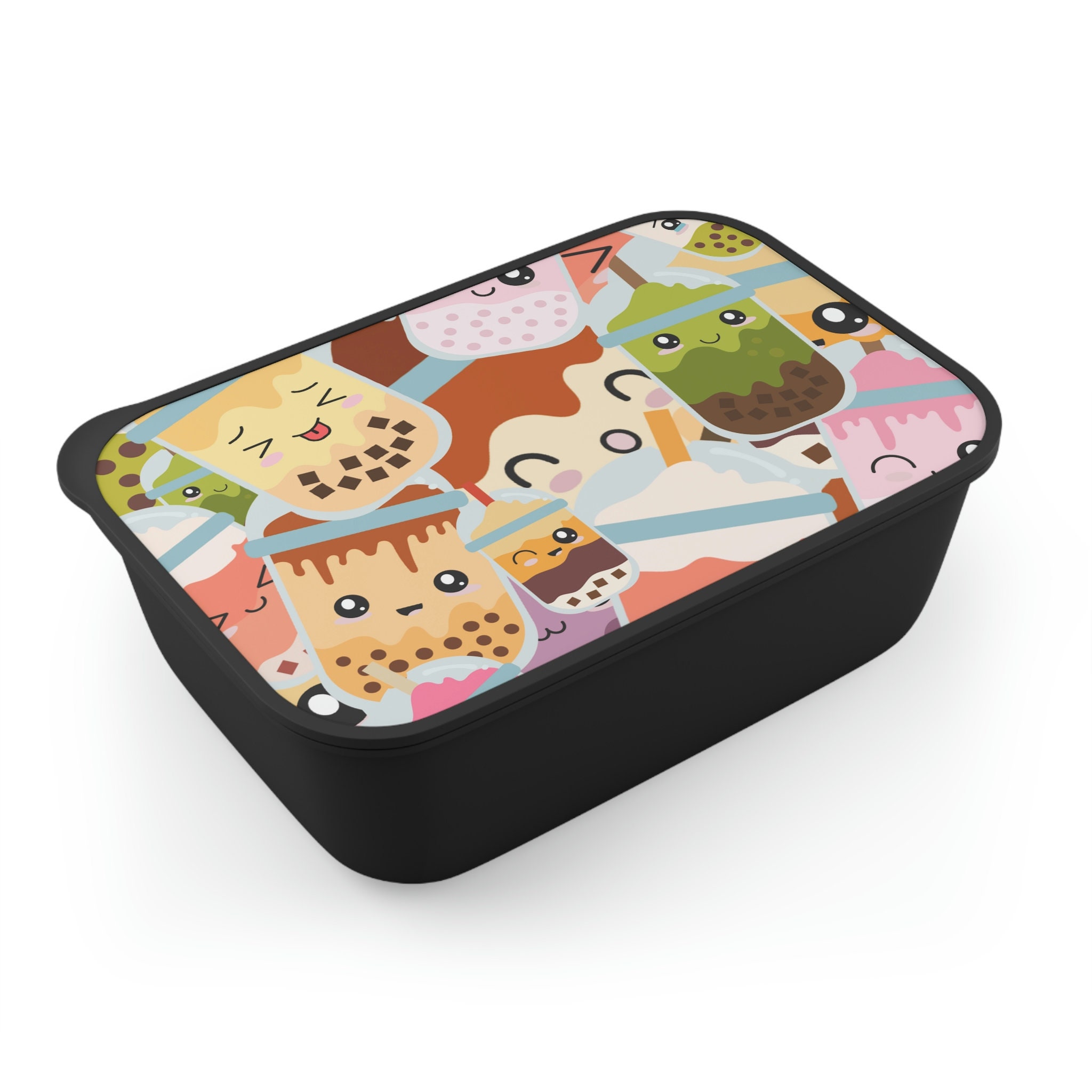 Kawaii Bubble Tea PLA Bento Box With Band and Utensils Chibi Lunch Box ...