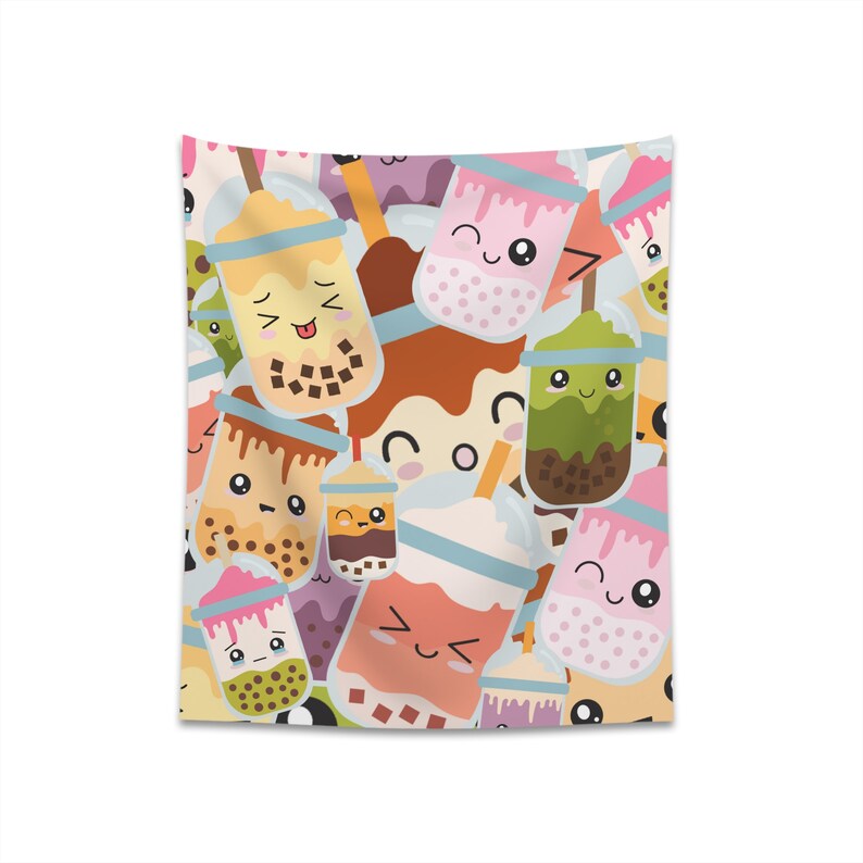 Kawaii Bubble Teaprinted Wall Tapestry Kawaii Wall Art Chibi Boba Tea ...