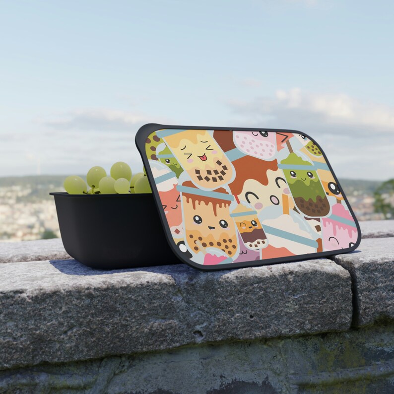 Kawaii Bubble Tea PLA Bento Box With Band and Utensils Chibi Lunch Box ...