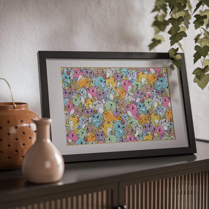 Kawaii Narwhals Framed Art Chibi Wall Art Home Decor Gift for Anime Fan ...