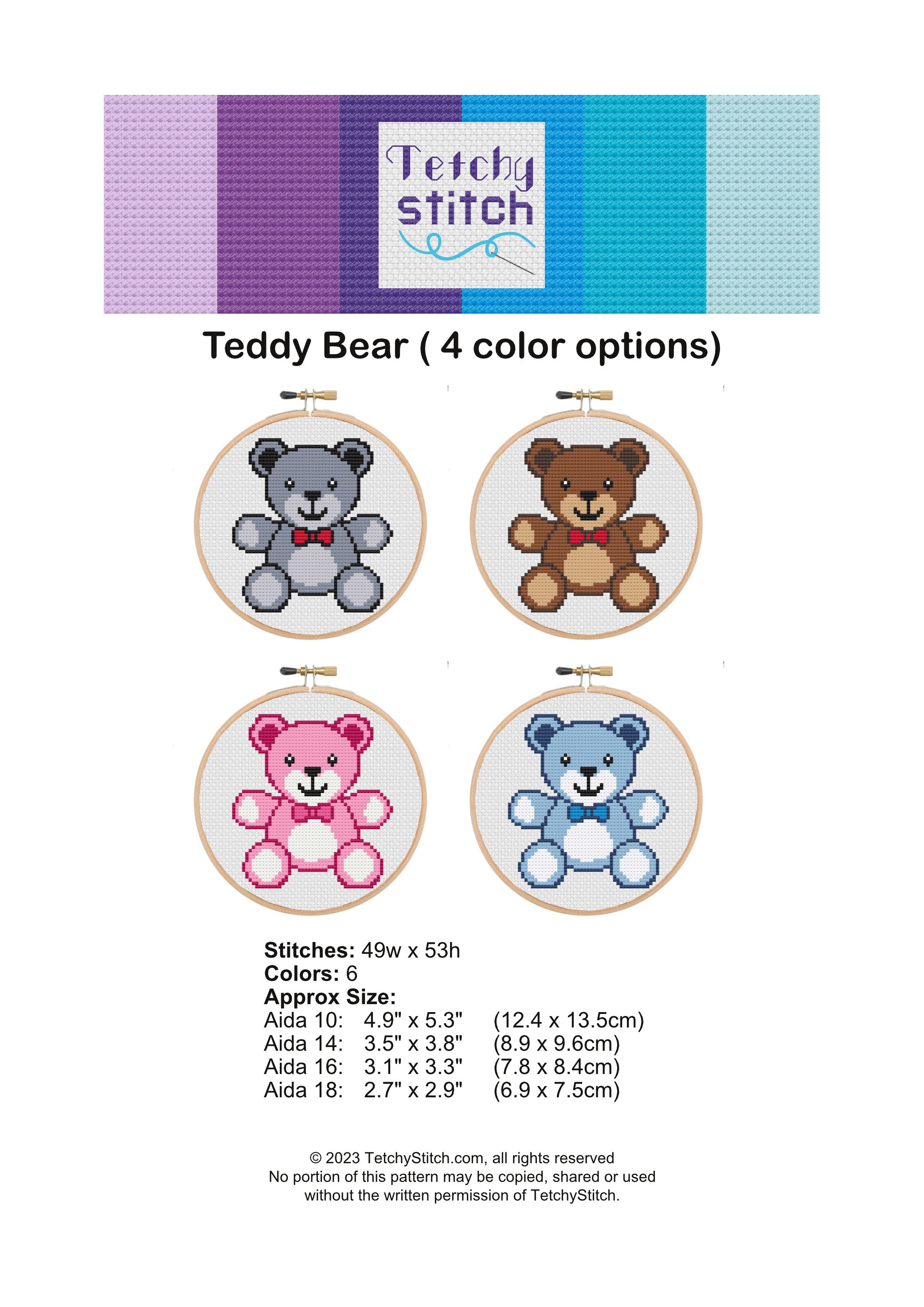 Easy Teddy Bear Mini Cross Stitch Pattern 4 Color Options Instant Download Pdf Modern