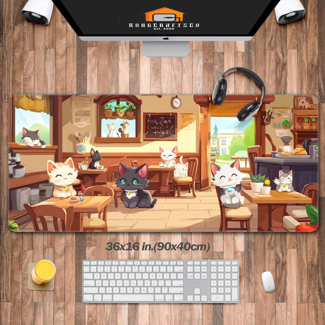 Cartoon Style Cute Cats Mouse Pad XXL(3 Patterns) , Kitty Cafe Desk Pad ...