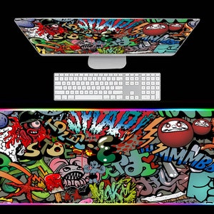 Cute Graffiti Gaming Desk Mat, RGB Gaming XXL Mousepad, Gaming Desk ...