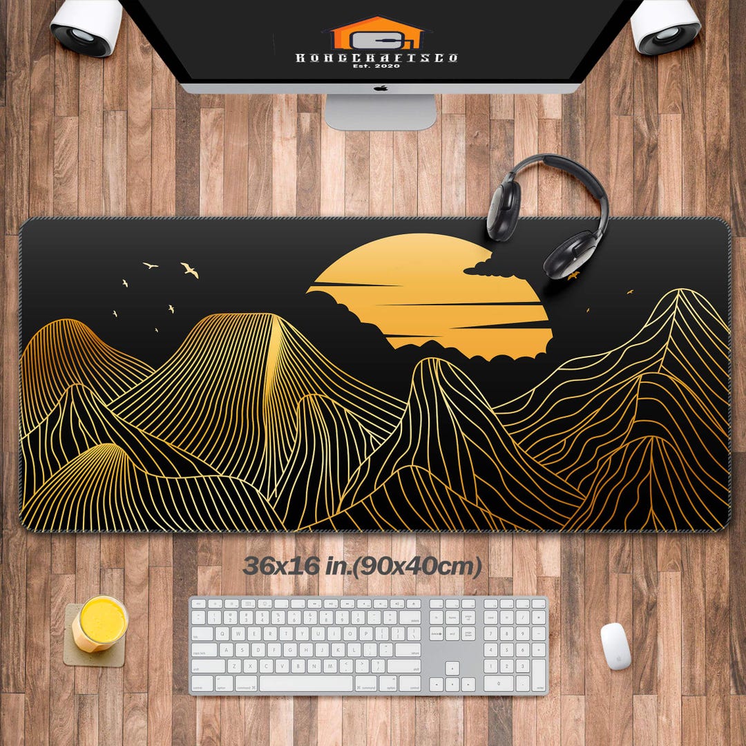 Golden and Black Moutain Line Art Desk Pad(3 Patterns), Abstract Design ...