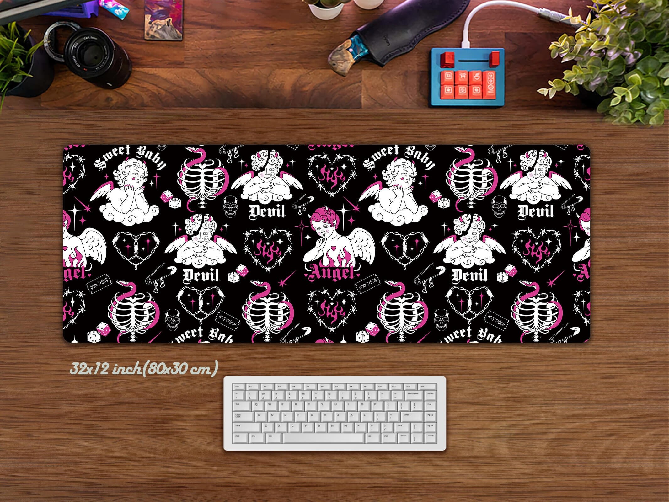 Pink Gothic Gaming Desk Pad RGB Gaming Mouse Pad,devil and Angel LED ...