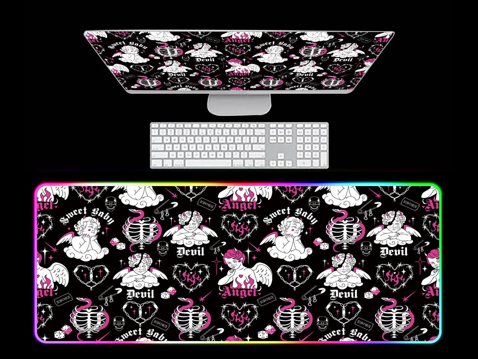 Pink Gothic Gaming Desk Pad RGB Gaming Mouse Pad,devil and Angel LED ...