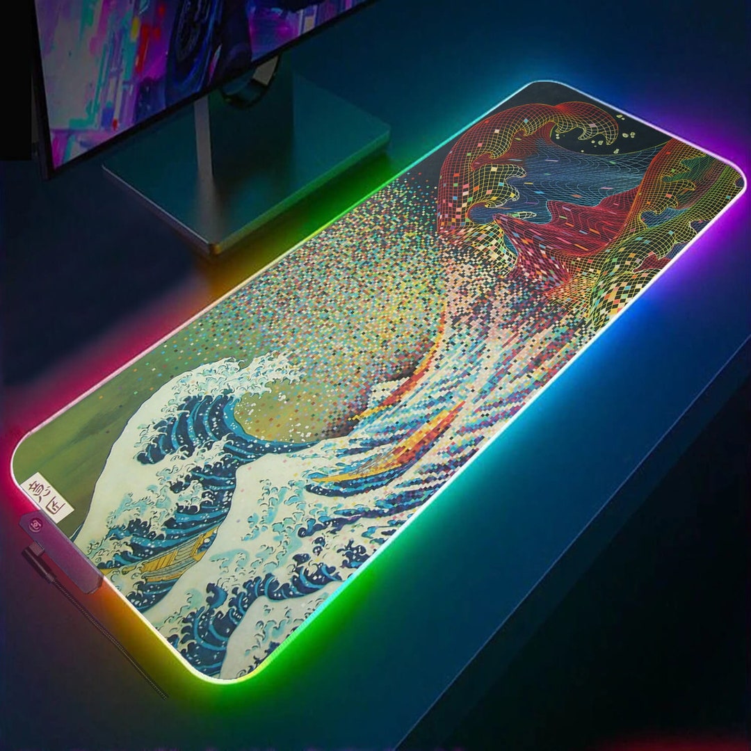 Mosaic Japanese Great Wave Gaming Desk Pad,neon Retrowave RGB Led Light ...
