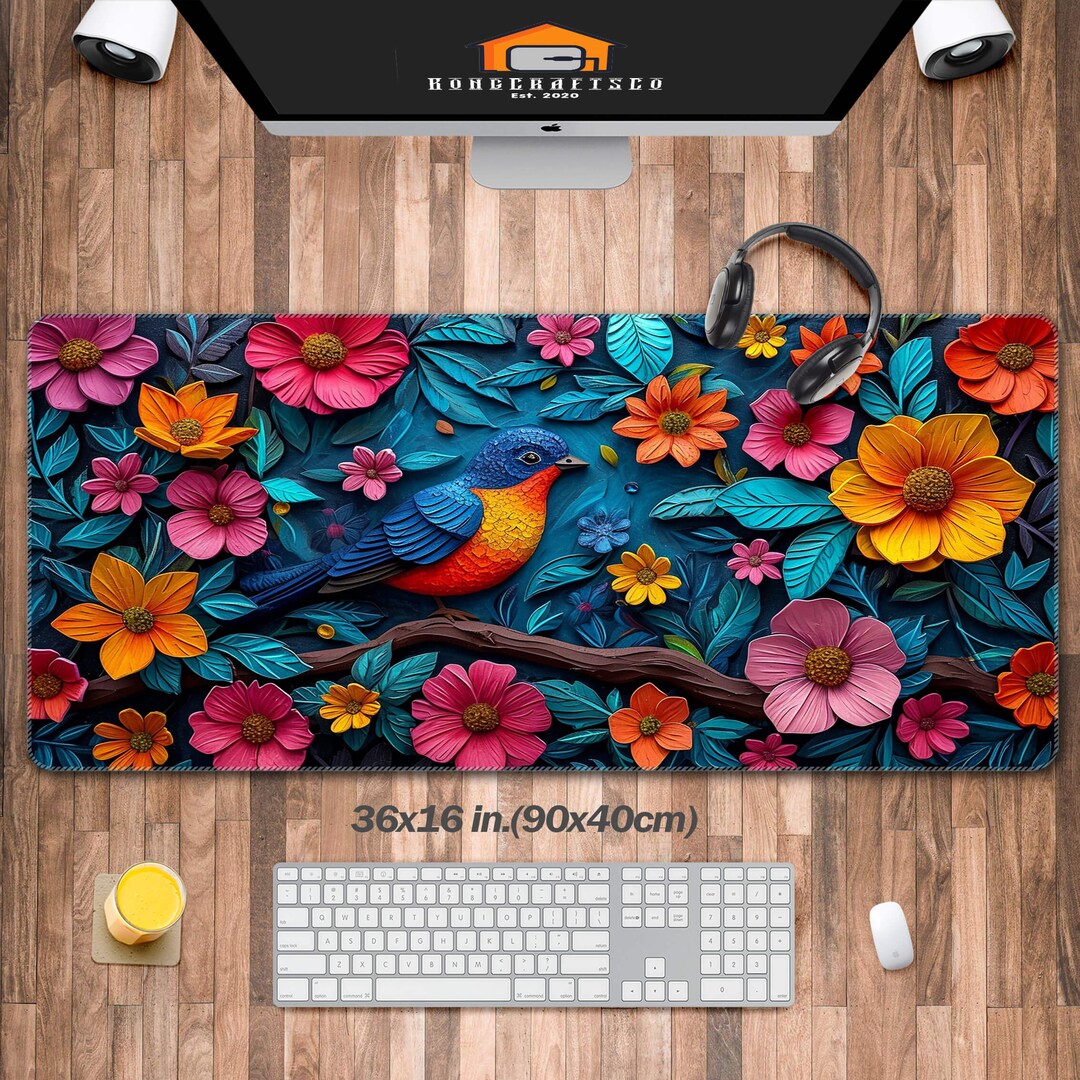 Spring Doodles Mouse Pad, Hand Drawn Leaves Birds Desk Pad, Spring ...