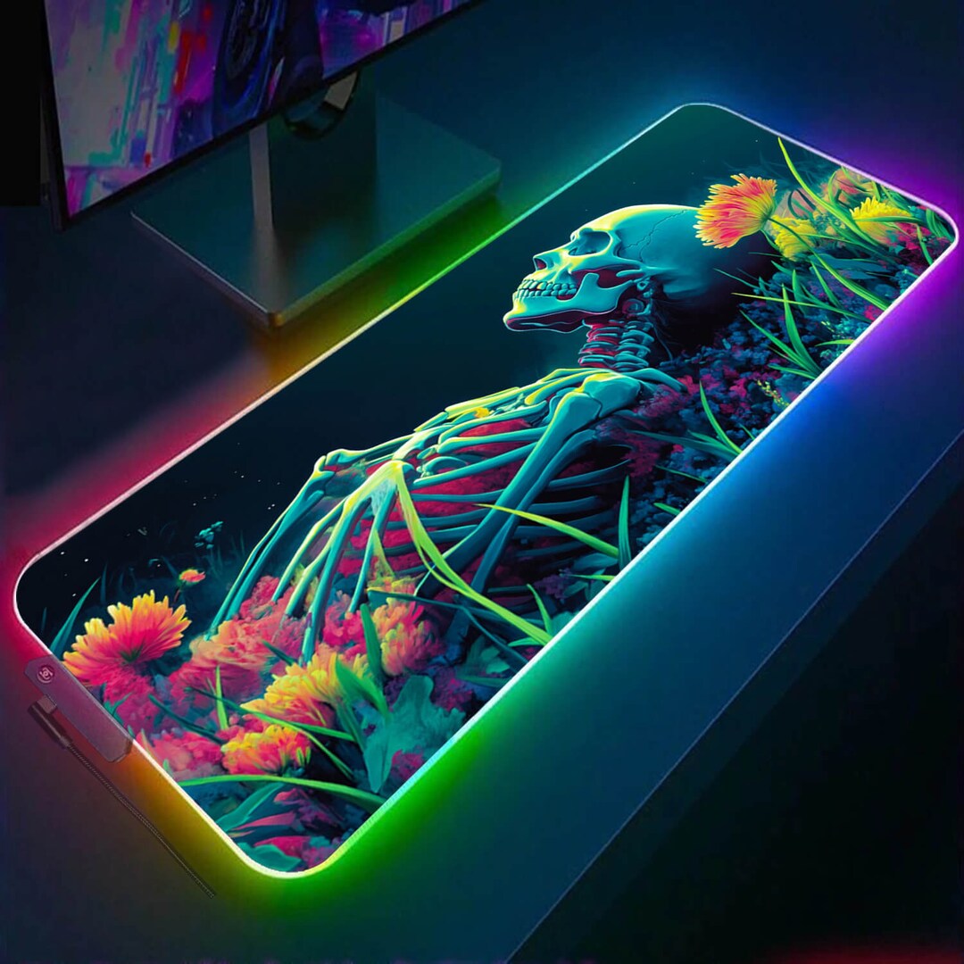 Neon Surrealistic Skeleton Gaming Desk Pad, Death RGB Gaming Mouse Pad ...