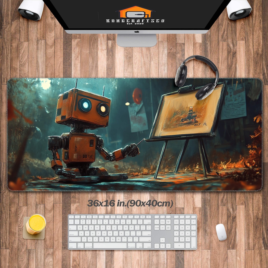 Kawaii Robot Desk Mat (3 Colors), Cute Cyberpunk Android Drawing Mouse ...