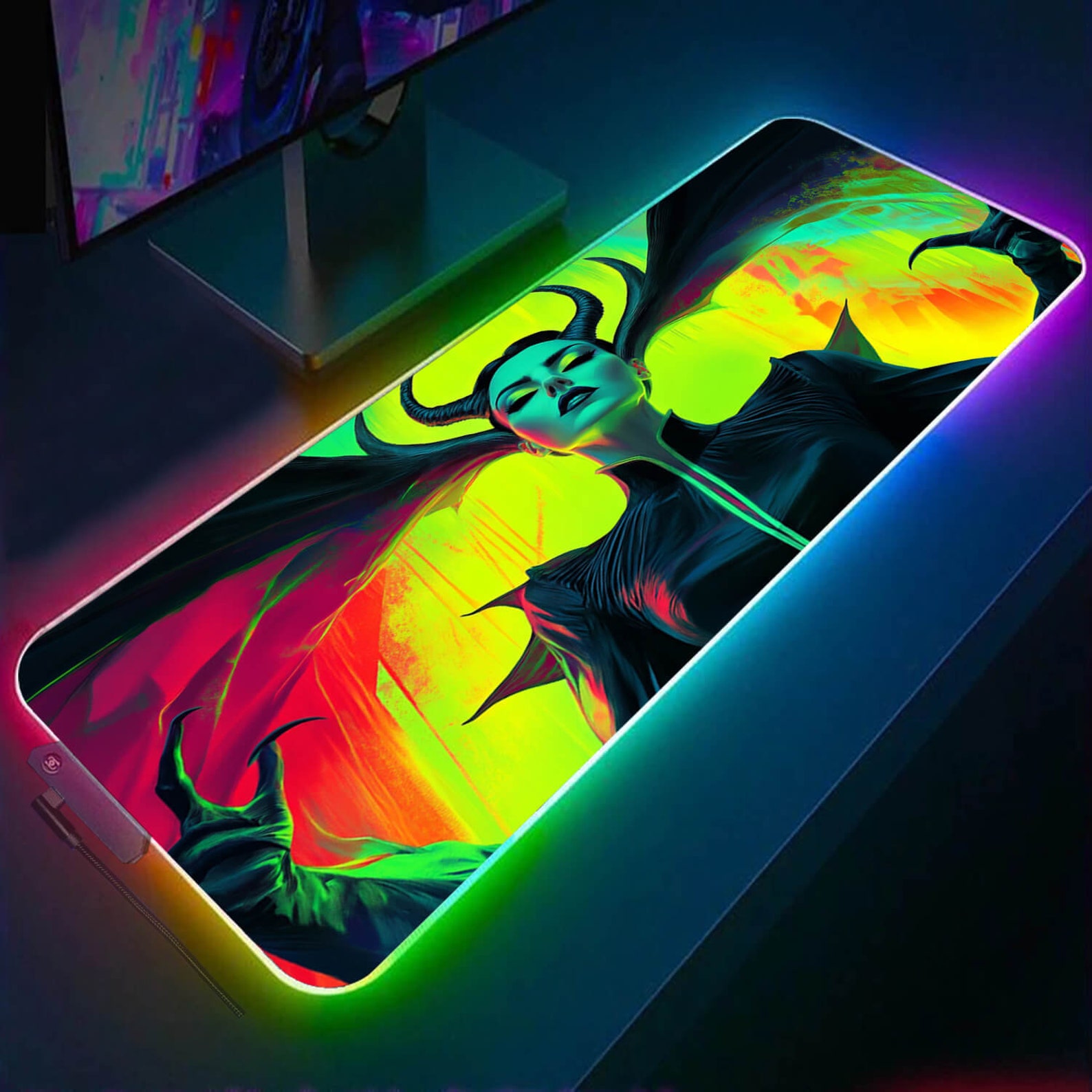 Neon Surrealistic Gaming Desk Pad, Horned Queen of Darkness RGB Gaming ...