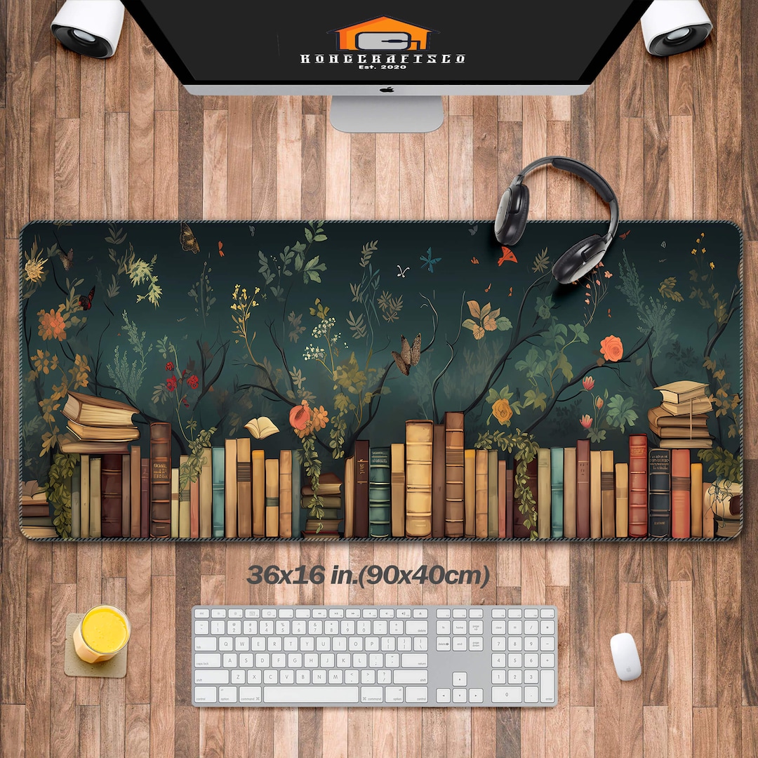 Bookish Desk Mat,book Lover XXL Mousepad, Floral Plants Desk ...
