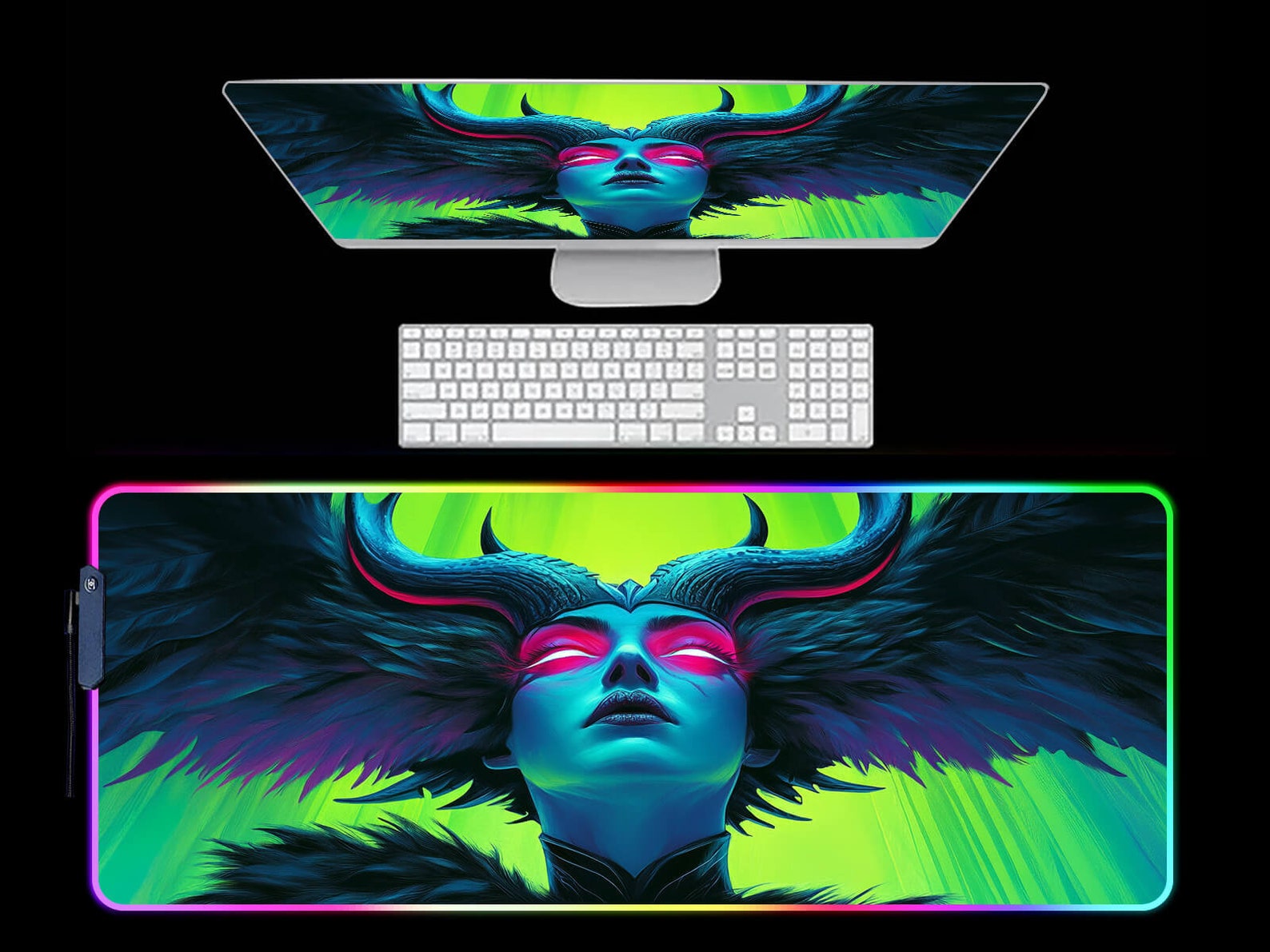 Neon Surrealistic Gaming Desk Pad, Horned Queen of Darkness RGB Gaming ...