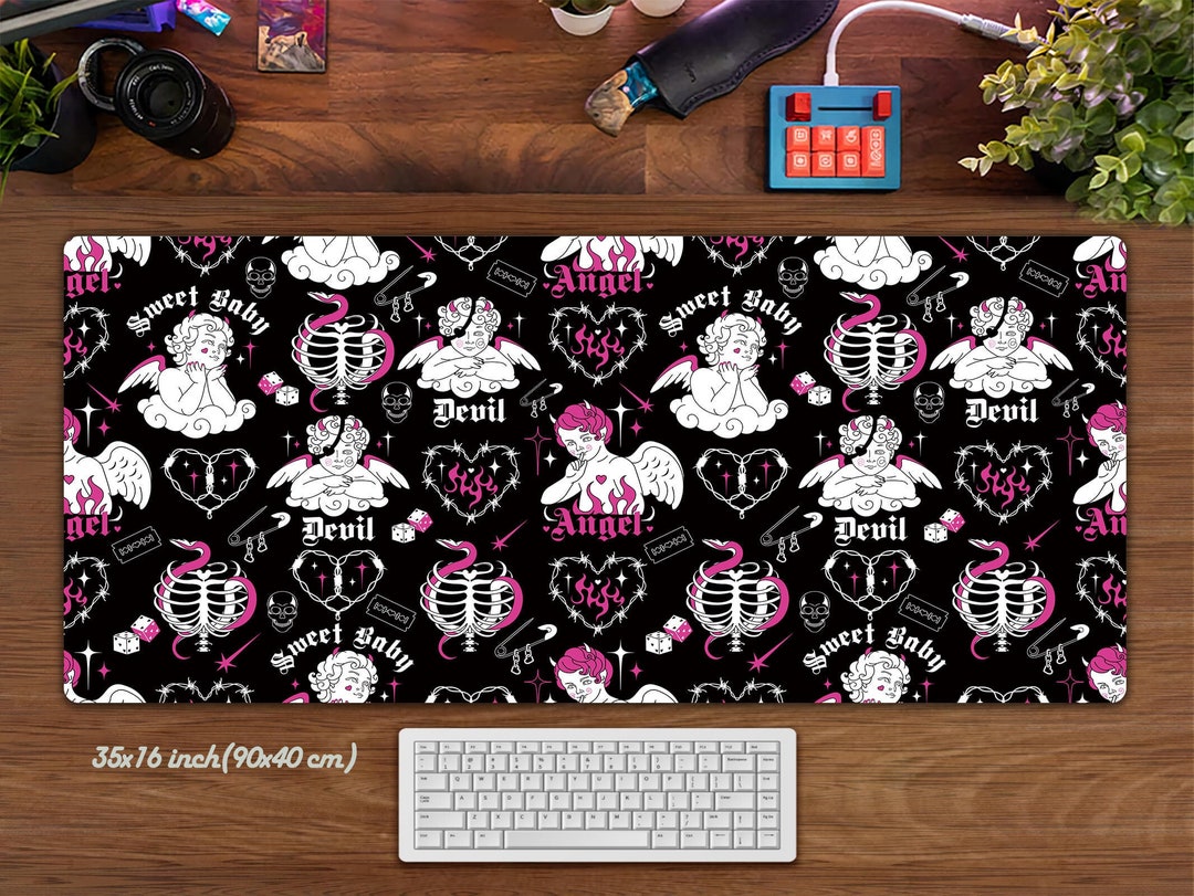 Pink Gothic Gaming Desk Pad RGB Gaming Mouse Pad,devil and Angel LED ...
