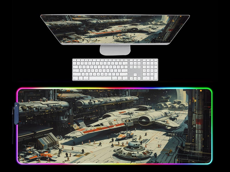 Retrowave Starships RGB Gaming Mouse Pad, 1980s Animation Style Gaming ...