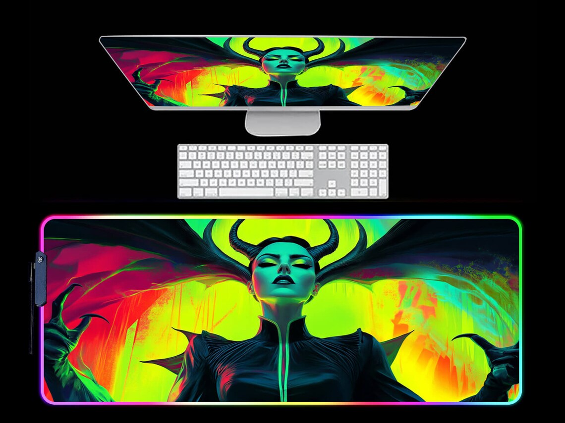 Neon Surrealistic Gaming Desk Pad, Horned Queen of Darkness RGB Gaming ...