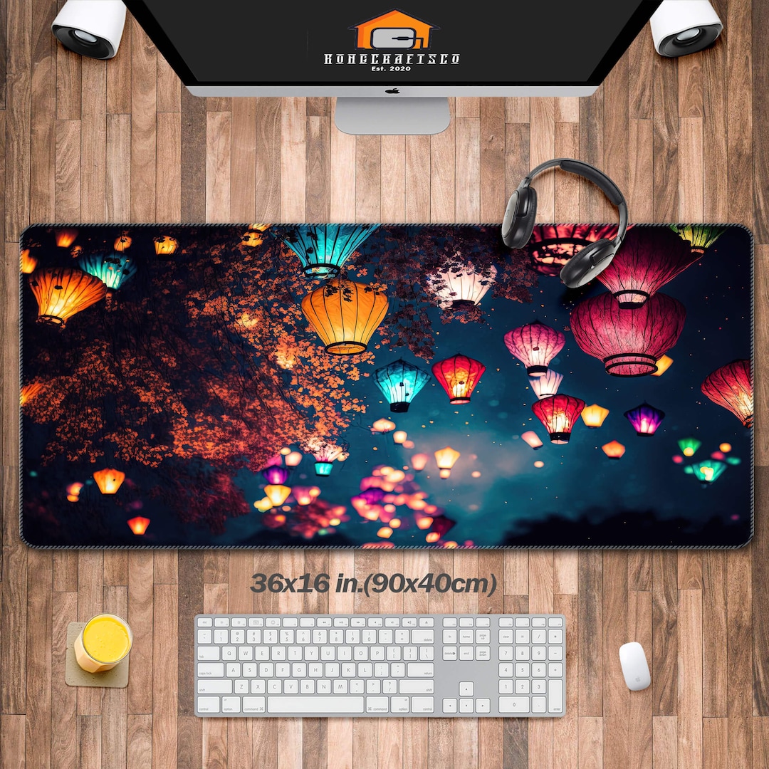 Night Sky Lanterns Desk Mat, Midnight Light Mouse Pad, Cozy Workspace ...