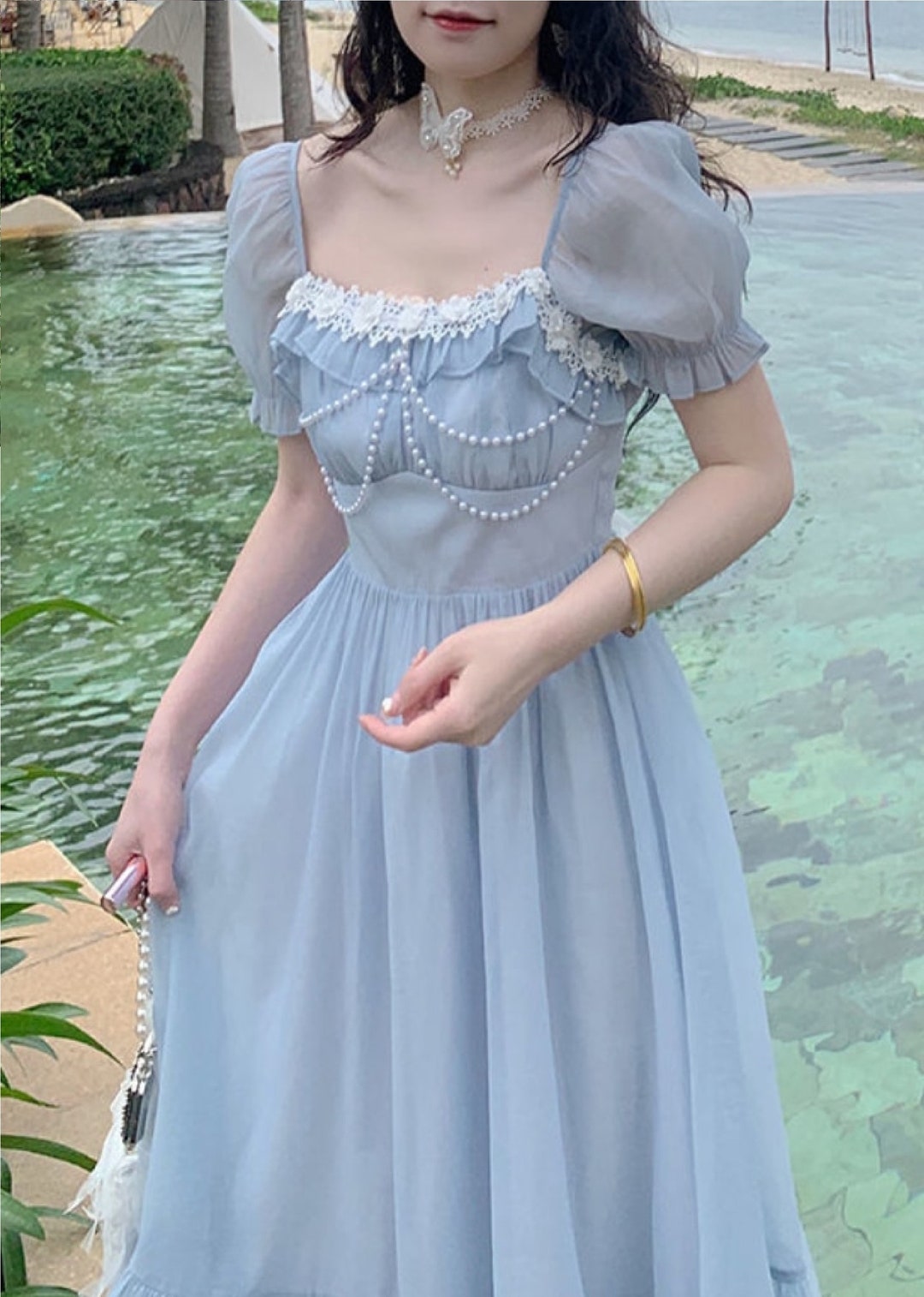 Elegant Fairy Puff Sleeve Princess Dress Women Bow Bandage Party Midi ...