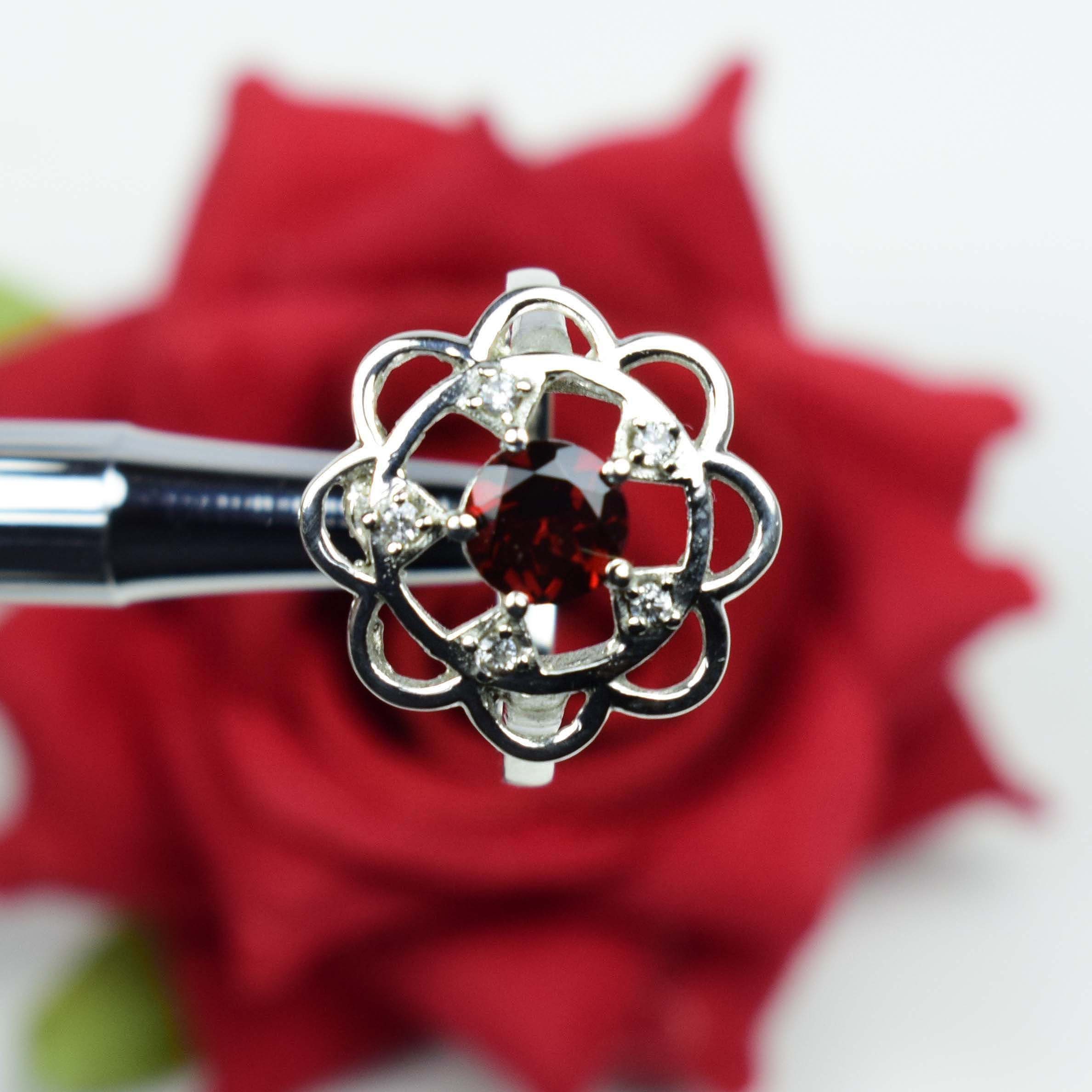 Flower Red Garnet Ring, 925 Sterling Silver Ring, Red Stone Ring ...