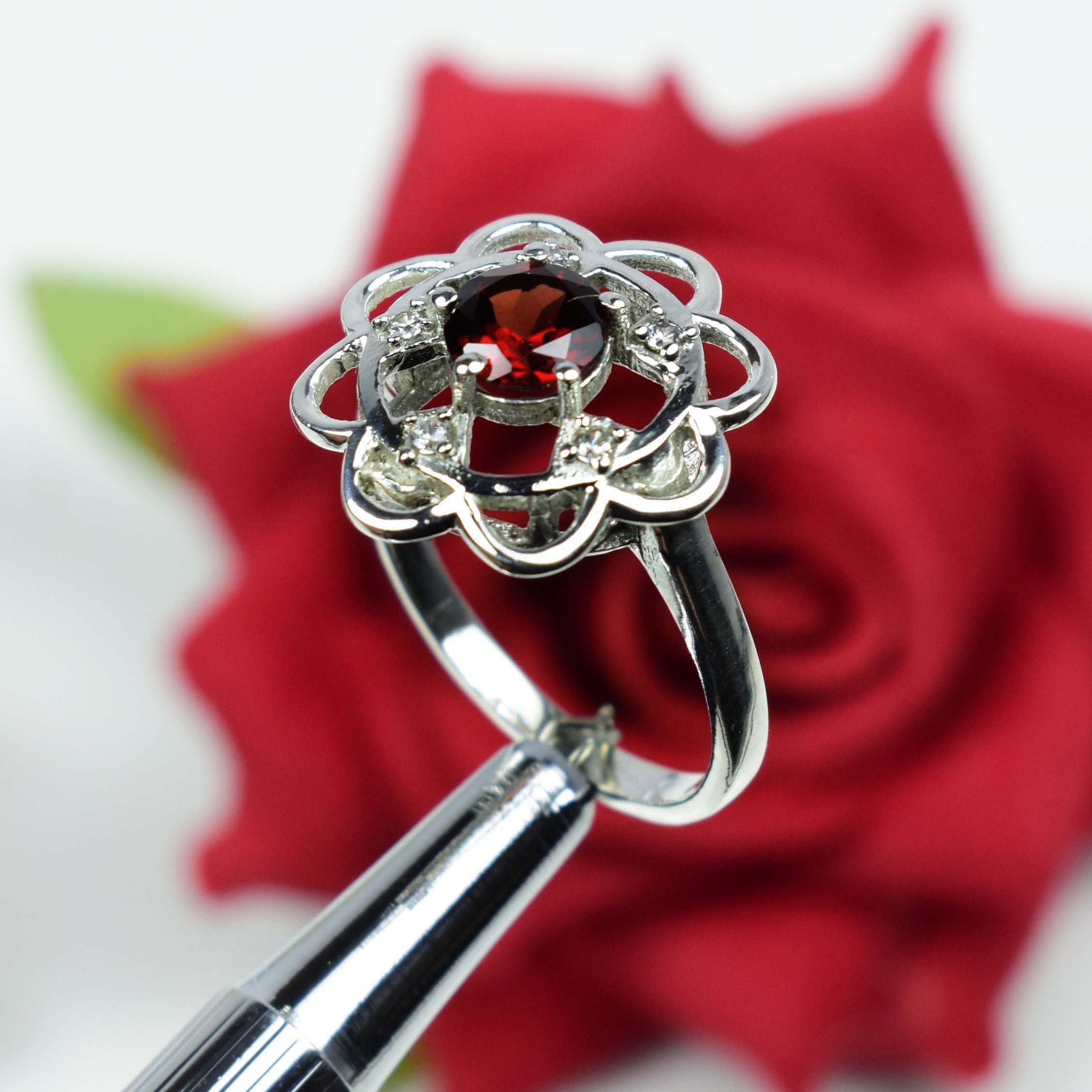 Flower Red Garnet Ring, 925 Sterling Silver Ring, Red Stone Ring ...